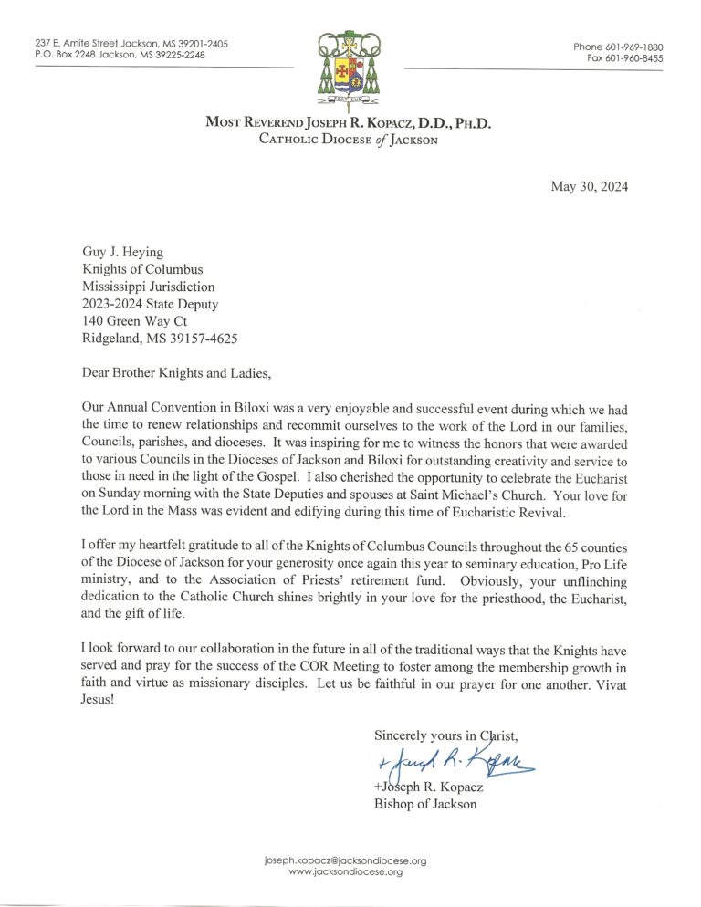 Thank you to the Knights of Columbus from Bishop Joseph Kopacz ...